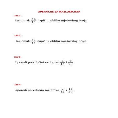 Operacije sa razlomcima radni list | PDF