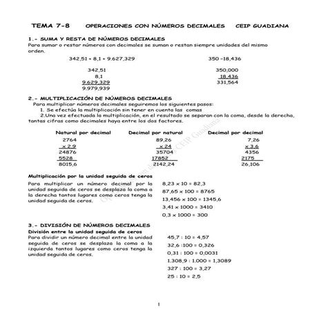 PARA REPASAR LAS OPERACIONES CON DECIMALES | PDF