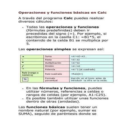 Operaciones y funciones básicas en calc | PDF