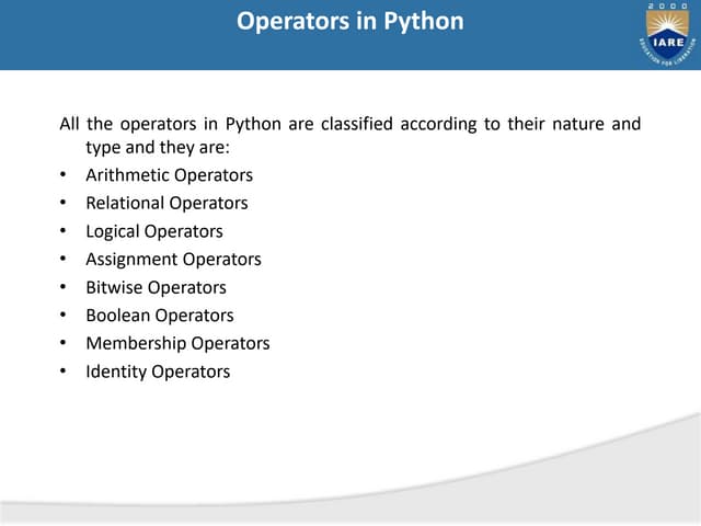 Operators in Python Arithmetic Operators | PPTX Operators in Python Arithmetic Operators | PPTX