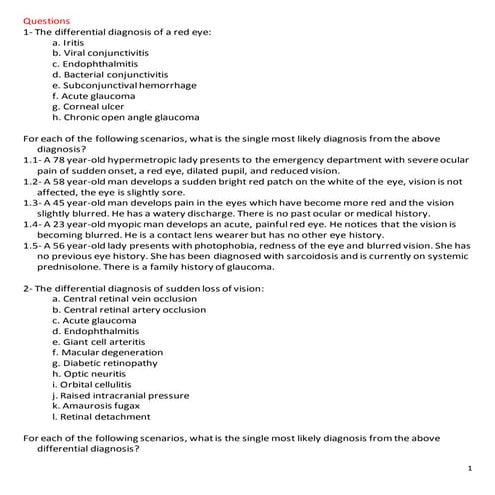 Ophthalmology assessment questions & answers | DOCX