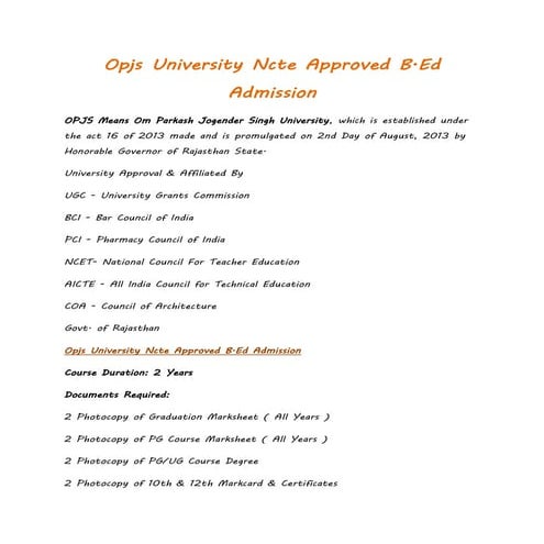 Opjs university ncte approved b.ed admission | PDF