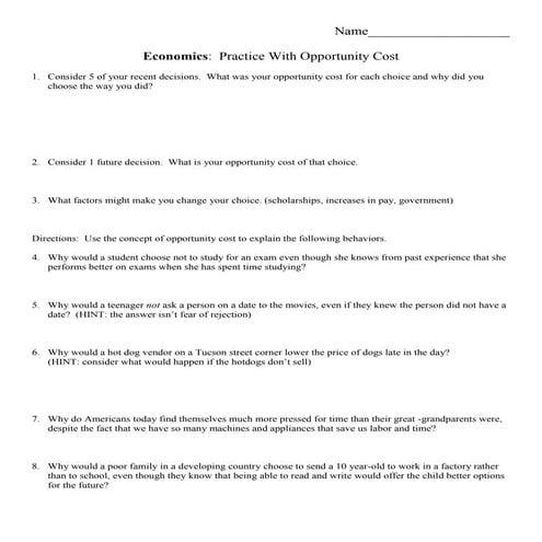 Opportunity cost worksheet 2013 | DOCX