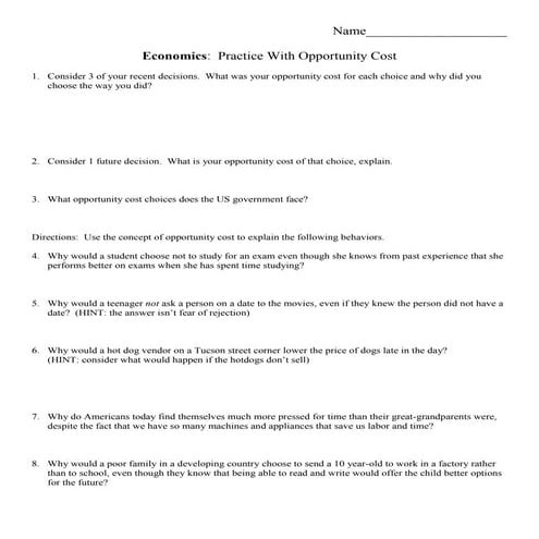 Opportunity cost worksheet 2014 | DOCX