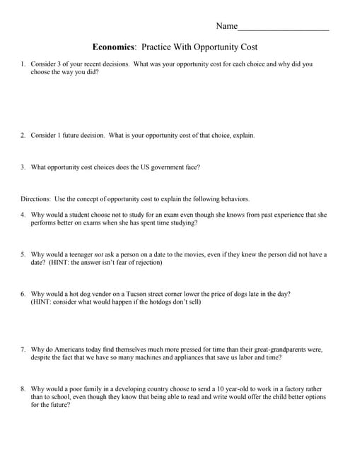 Opportunity cost worksheet 2013 | DOCX