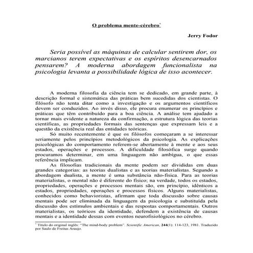 O problema mente-cérebro por Jerry Fodor - Scientific American 1981 | PDF