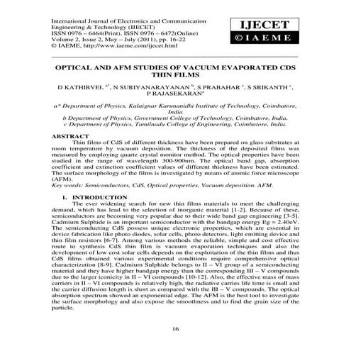 Surface morphology of cds thin films by vacuum evaporation deposition | PDF