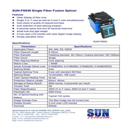 Optic Fiber Fusion Splicer Sun Fs930 | PDF