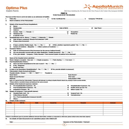 Apollo Munich Optima Plus Claim Form | PDF