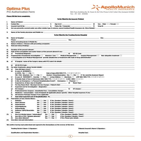 Apollo Munich Optima Plus Pre Authorisation Form | PDF