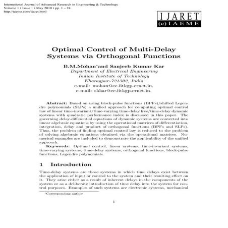 Optimal control of multi delay systems via orthogonal functions | PDF