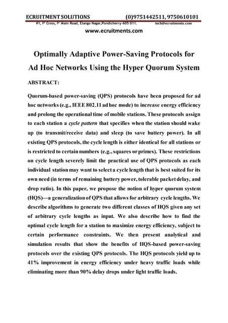 Optimally Adaptive Power Saving Protocols For Ad Hoc Networks Using The Hyper Quorum System 4718