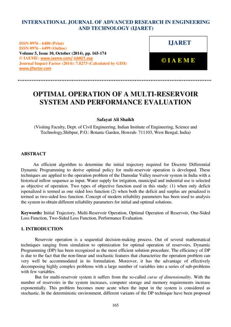 Optimal Operation Of A Multi Reservoir System And Performance