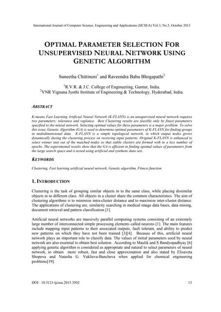 Optimal Parameter Selection For Unsupervised Neural Network Using Genetic Algorithm Pdf