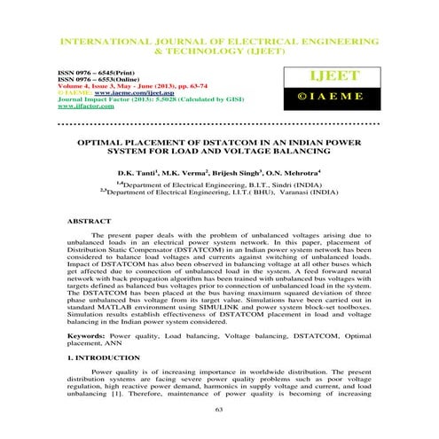 Optimal Placement Of Dstatcom In An Indian Power System For Load And Pdf