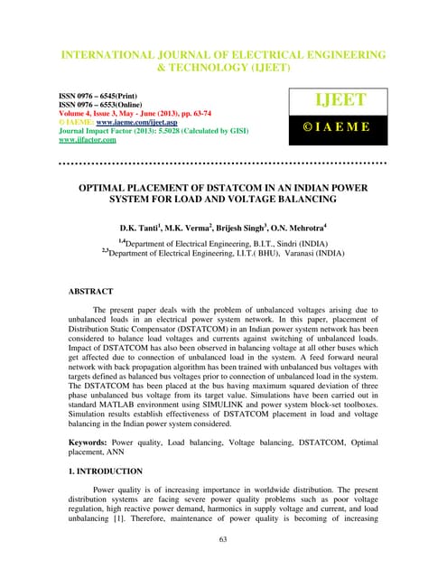 Optimal Placement Of Dstatcom In An Indian Power System For Load And Pdf