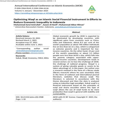 Optimising Waqf as an Islamic Social Financial Instrument in Efforts to Reduce Economic ...