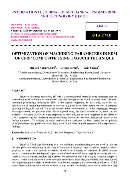Optimization Of Machining Parameters In Edm Of Cfrp Composite Using Taguchi Technique Pdf