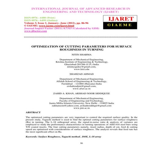 Optimization Of Cutting Parameters For Surface Roughness In Turning Pdf