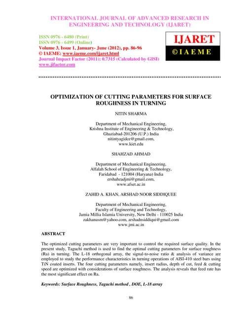 Optimization Of Cutting Parameters For Surface Roughness In Turning Pdf