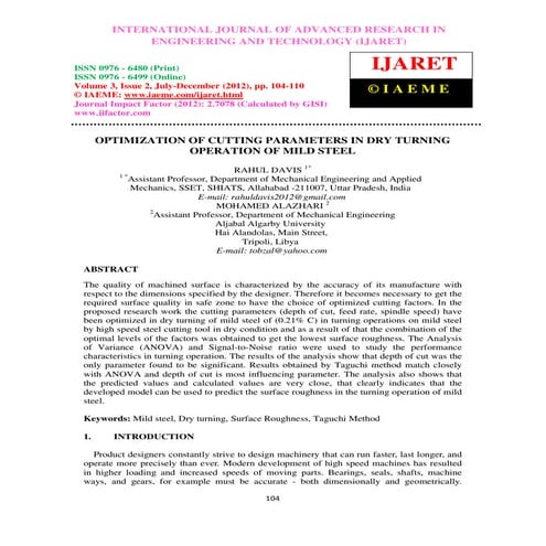 Optimization of cutting parameters in dry turning operation of mild steel | PDF