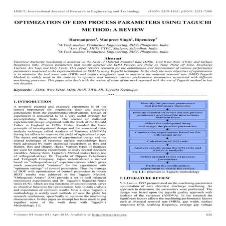 Optimization Of Edm Process Parameters Using Taguchi Method A Review Pdf