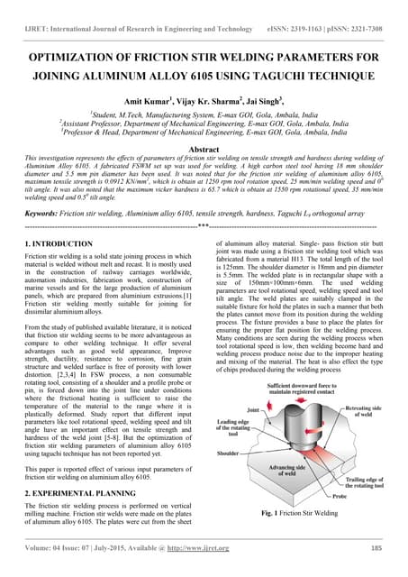 Optimization Of Friction Stir Welding Process Parameter Using Taguchi Method And Response