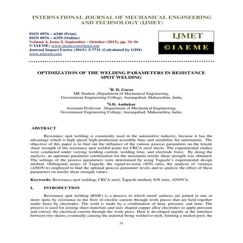 Optimization of the welding parameters in resistance spot welding | PDF