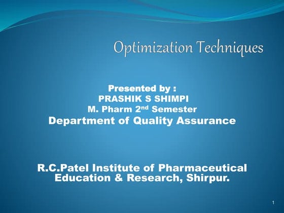 Factorial design \Optimization Techniques | PPT