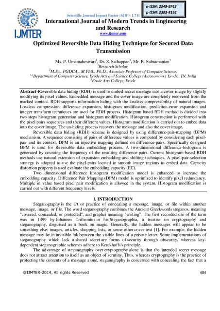 Optimized Reversible Data Hiding Technique For Secured Data Transmission Pdf