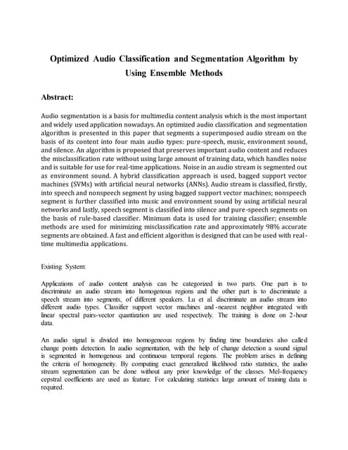 Optimized Audio Classification And Segmentation Algorithm By Using Ensemble Methods Pdf