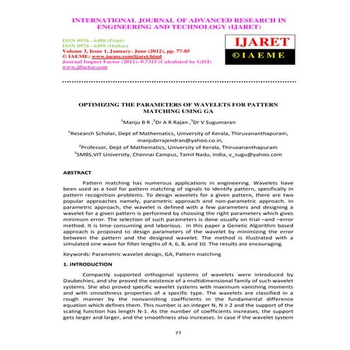 Optimizing the parameters of wavelets for pattern matching using ga ...