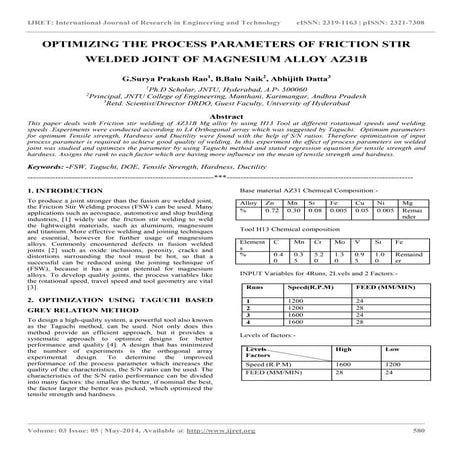 Optimizing the process parameters of friction stir welded joint of magnesium alloy az31 b | PDF