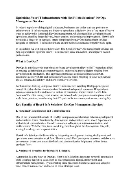 Hex64 Info Solutions Driving Innovation Through DevOps Infrastructure Excellence | PDF