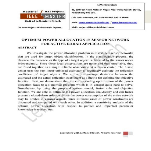 Optimum Power Allocation In Sensor Network For Active Radar Application