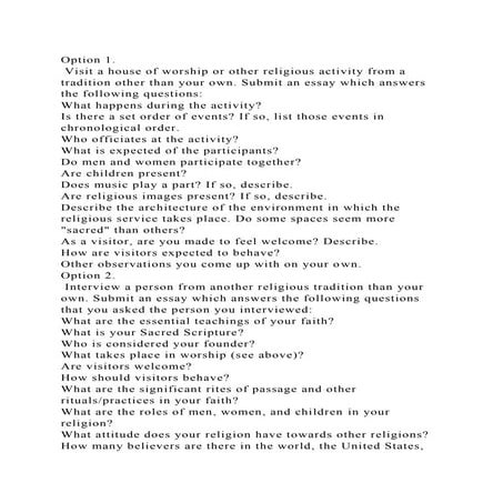 Option 1. Visit a house of worship or other religious activity fro.docx