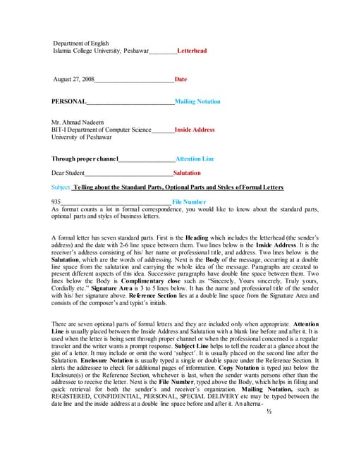 Six Standard parts of a letter | PDF