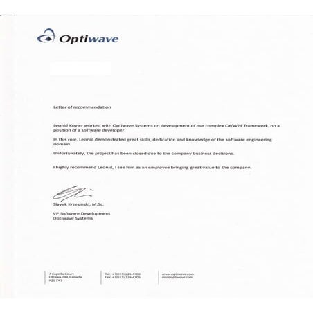 Recommendation latter from Optiwave company | PDF