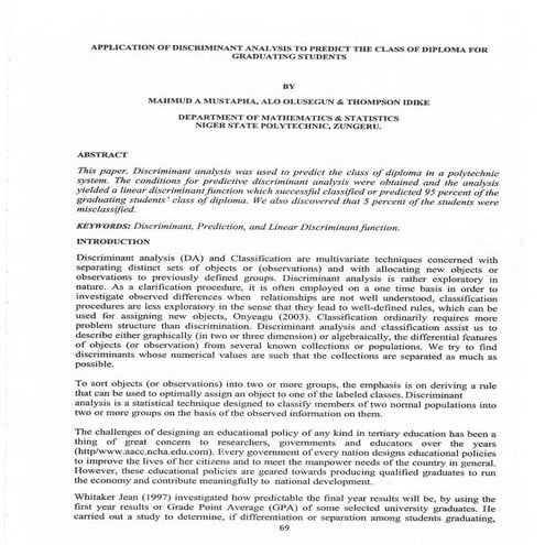 APPLICATION OF DISCRIMINANT ANALYSIS TO PREDICT THE CLASS OF DIPLOMA ...