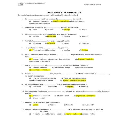 Oraciones incompletas | DOCX