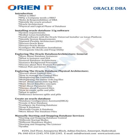 Oracle Dba Trainining In Hyderabad Pdf Databases Computer Software And Applications