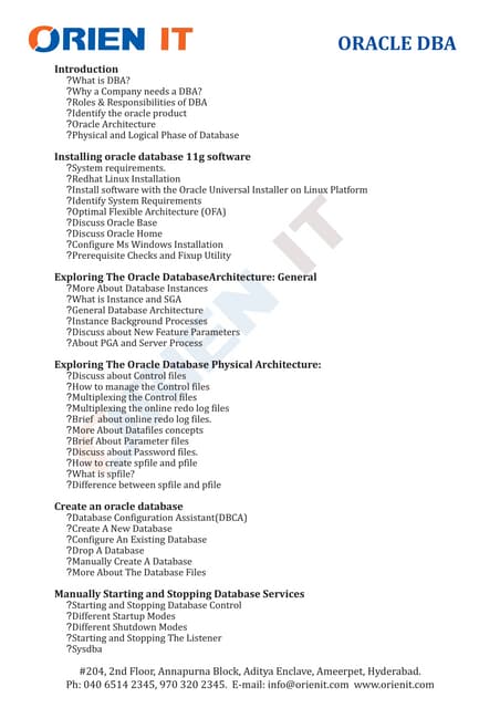 Oracle Dba Trainining In Hyderabad Pdf Databases Computer Software And Applications