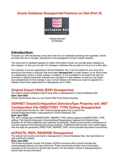 Oracle Database Desupported Features On 23ai Part A Pdf 3022