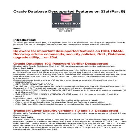 Oracle Database Desupported Features on 23ai (Part B) | PDF