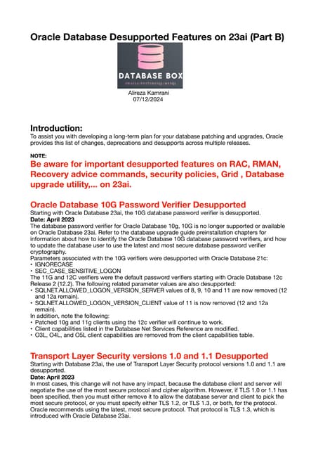 Oracle Database Desupported Features on 23ai (Part A) | PDF | Web Development | Internet