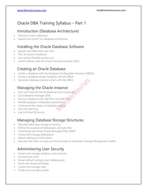 Oracle Dba 12c Training Syllabus Pdf