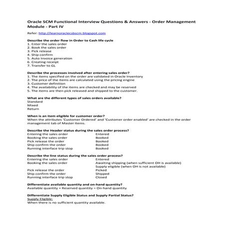 Oracle Scm Functional Interview Questions And Answers Order Management Module Part Iv Pdf 