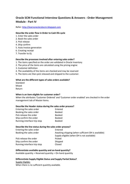 Oracle Scm Functional Interview Questions And Answers Order Management Module Part Iv Pdf