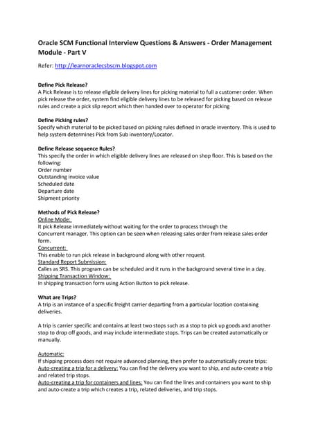 Oracle Scm Functional Interview Questions And Answers Order Management