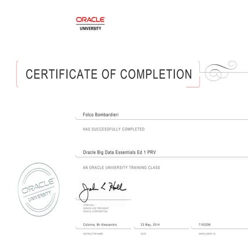 Certificate of Completion: Oracle Big Data Essentials | PDF